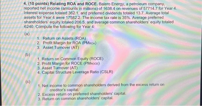 Solved 4. (10 points) Relating ROA and ROCE. Balero Energy, | Chegg.com