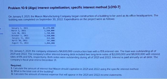 Solved Problem 10-9 (Algo) Interest capitalization; specific | Chegg.com