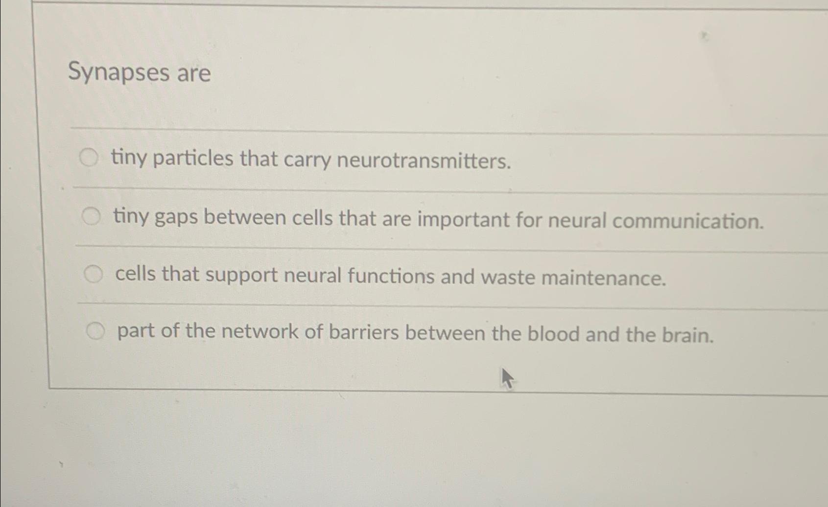 Solved Synapses aretiny particles that carry | Chegg.com