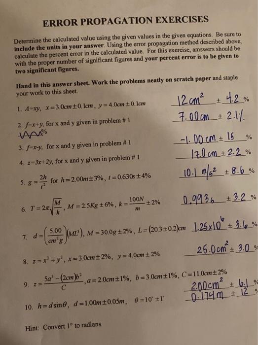 Solved ERROR PROPAGATION EXERCISES Determine the calculated | Chegg.com