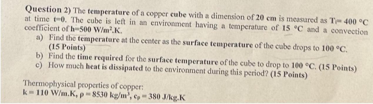 Solved Question 2) ﻿The temperature of a copper cube with a | Chegg.com