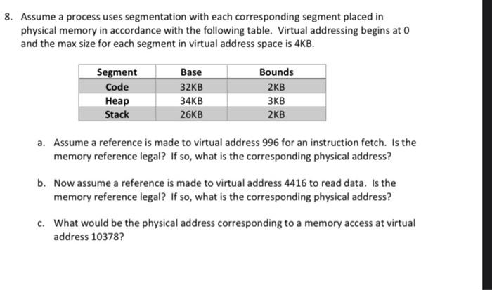 Solved 8 Assume A Process Uses Segmentation With Each 