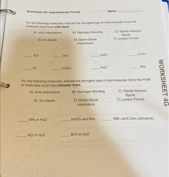 Solved Worksheet 4G: Intermolecular Forces Name: For the | Chegg.com