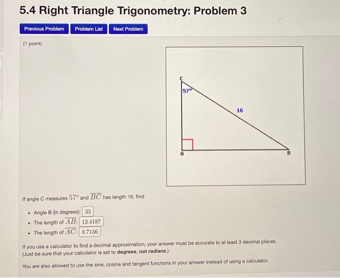 Solved 5.4 Right Triangle Trigonometry: Problem 3 Previous | Chegg.com