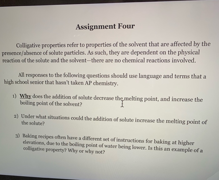Solved Assignment Four Colligative properties refer to | Chegg.com