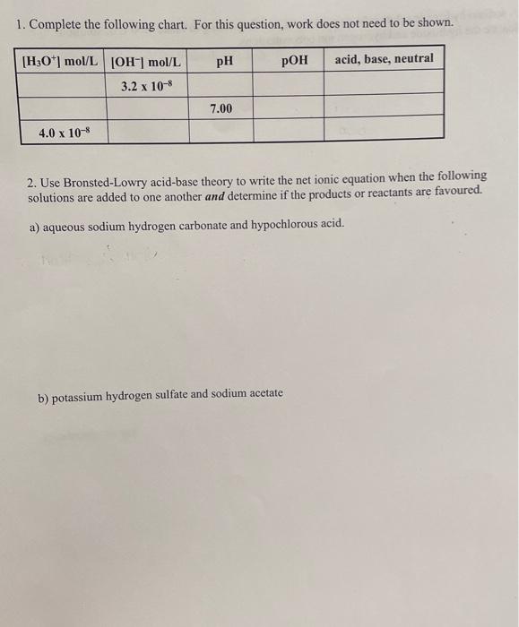 Solved 1. Complete the following chart. For this question, | Chegg.com