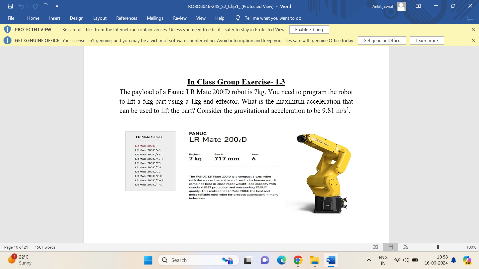 Solved In Class Group Exercise- 1.3The payload of a Fanuc LR | Chegg.com