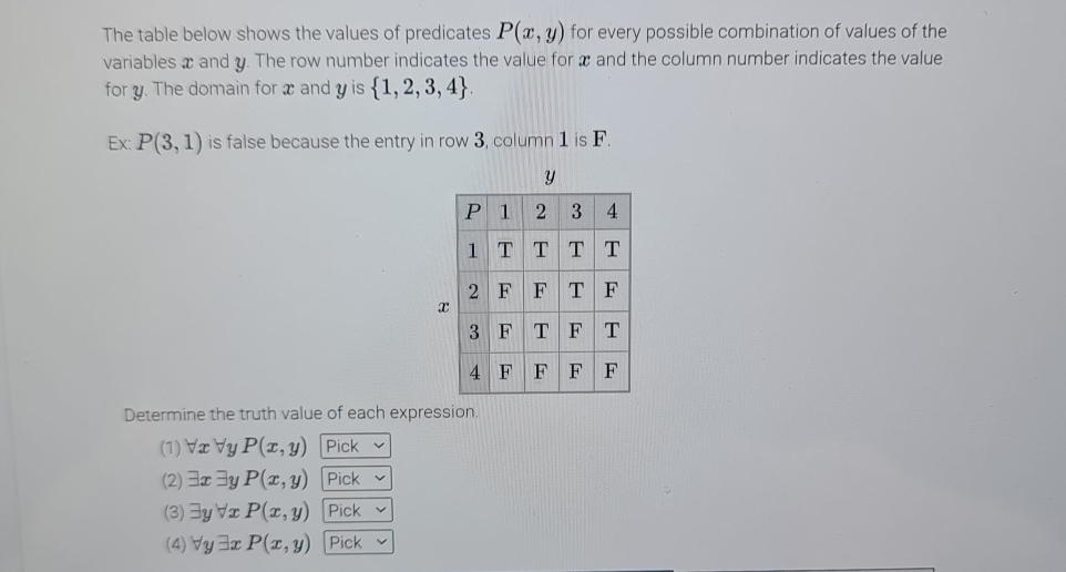 Solved The table below shows the values of predicates P(x,y) | Chegg.com