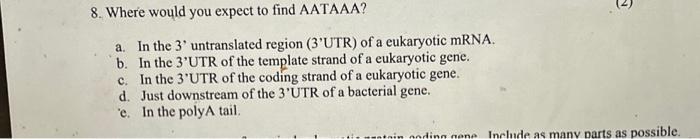 Solved 8. Where would you expect to find AATAAA? a. In the | Chegg.com