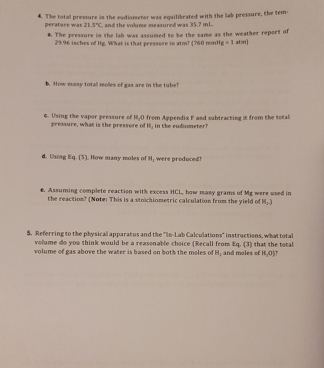 Solved 4. The total pressure in the eudiometer was | Chegg.com