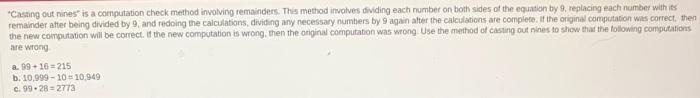 Solved "Casting out rines" is a computation check method | Chegg.com
