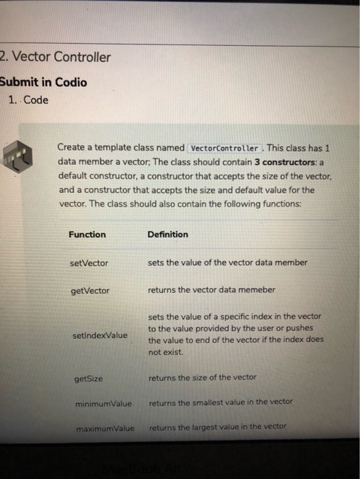 Solved 2. Vector Controller Submit in Codio 1. Code Create a | Chegg.com