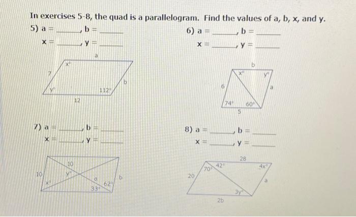 Solved In exercises 5-8, the quad is a parallelogram. Find | Chegg.com