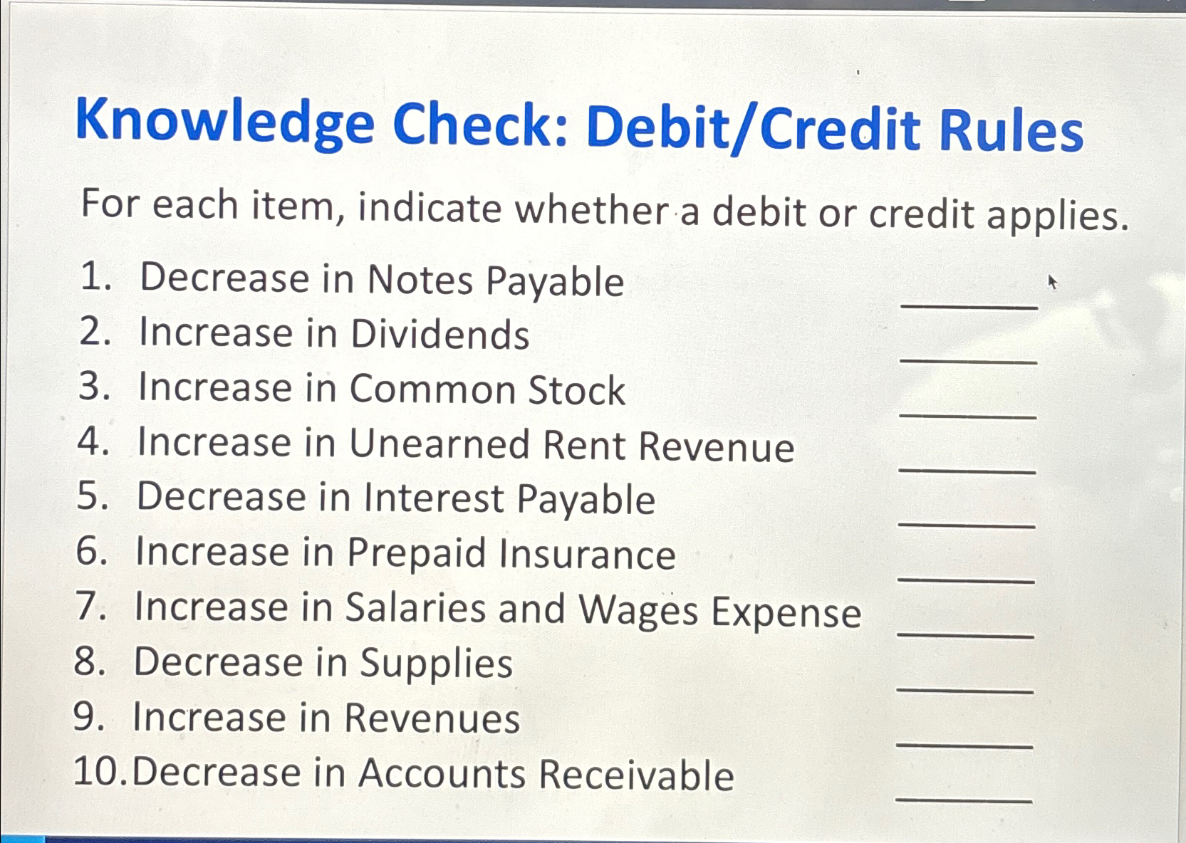 Solved Knowledge Check: Debit/Credit RulesFor each item, | Chegg.com