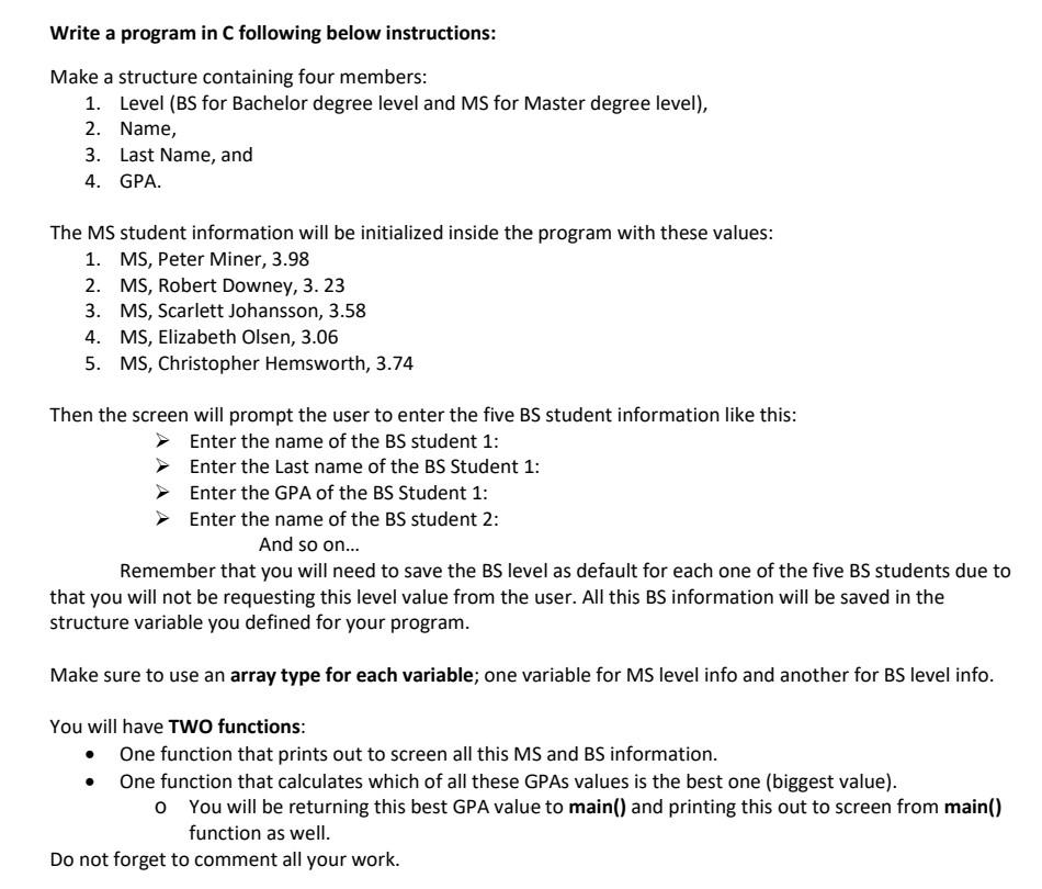 Solved Write a program in C following below instructions: | Chegg.com