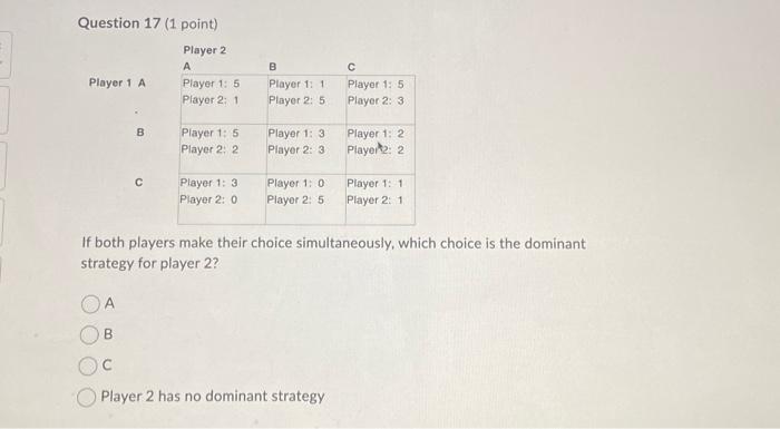 Solved Question 17 (1 point) Plavar 9 Player 1 A B c If both | Chegg.com