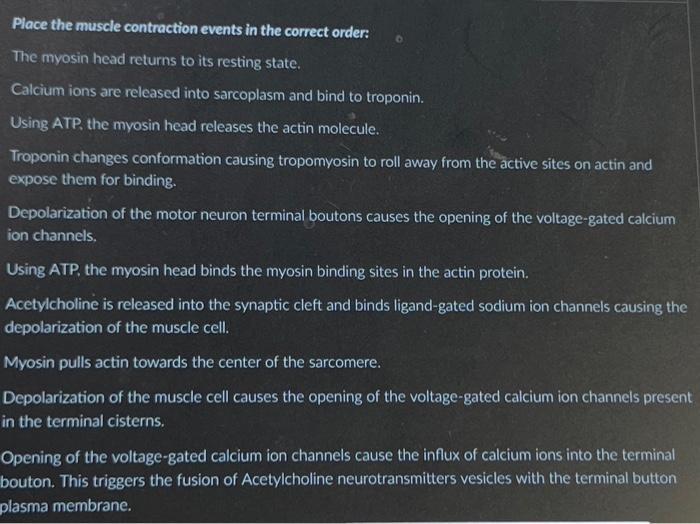 Solved Place the muscle contraction events in the correct | Chegg.com