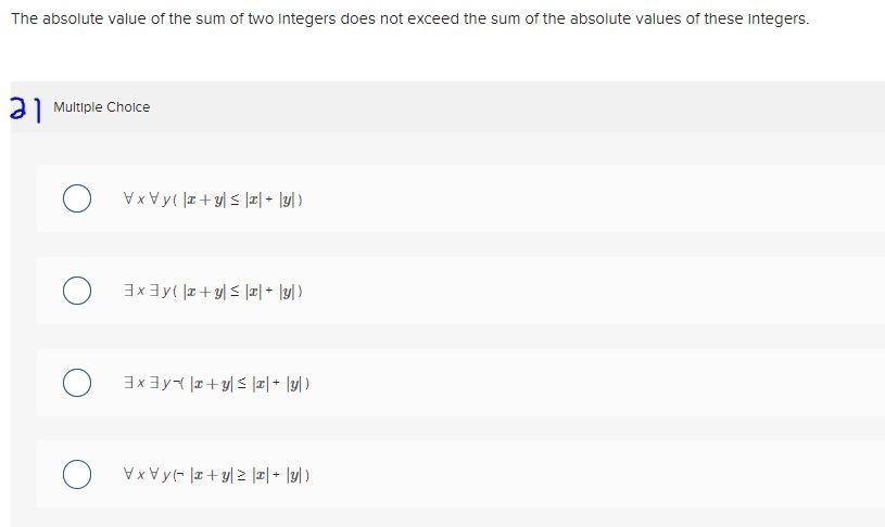 Solved The absolute value of the sum of two Integers does | Chegg.com