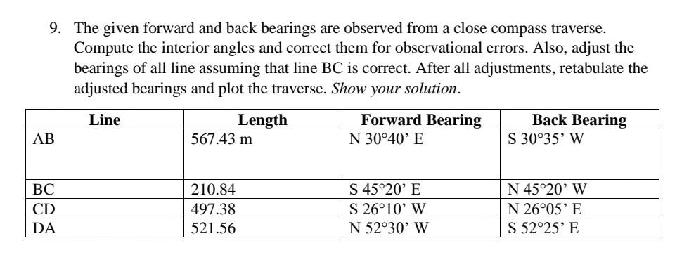 Solved 9. The given forward and back bearings are observed | Chegg.com