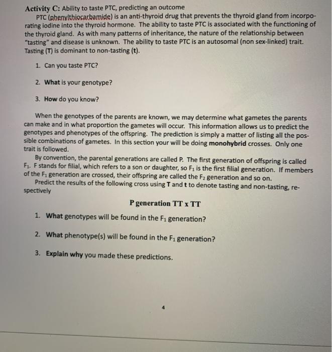 Activity C: Ability to taste PTC, predicting an | Chegg.com