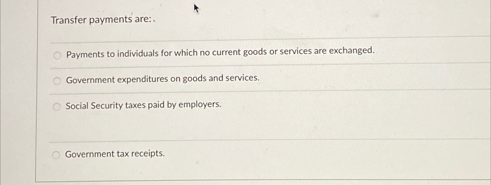Solved Transfer payments are:Payments to individuals for | Chegg.com