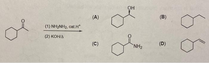 Solved (A) (B) (1) NH2NH2, cat. H+ (2) KOH/Δ (C) (D) | Chegg.com