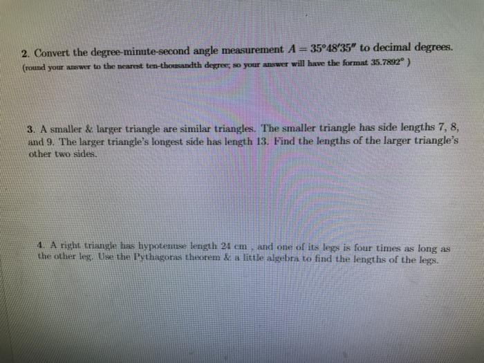 Solved 1. For the angle B = 47°48' (in degrees minutes | Chegg.com