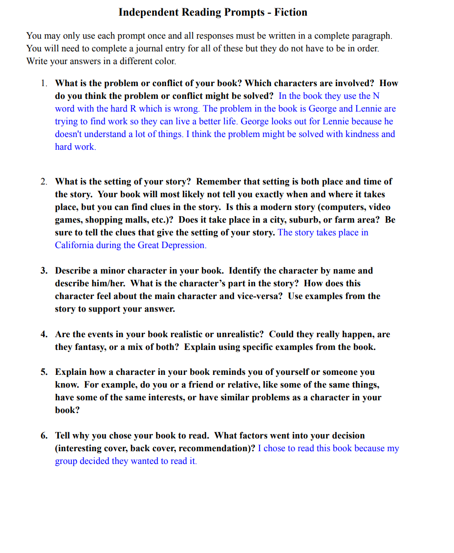 Solved Independent Reading Prompts - ﻿FictionYou may only | Chegg.com