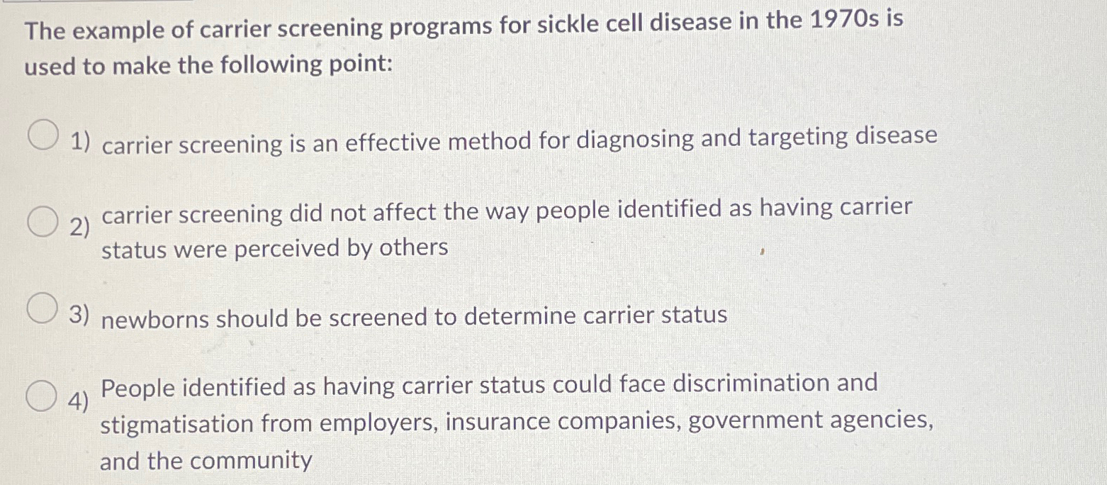 Solved The example of carrier screening programs for sickle | Chegg.com