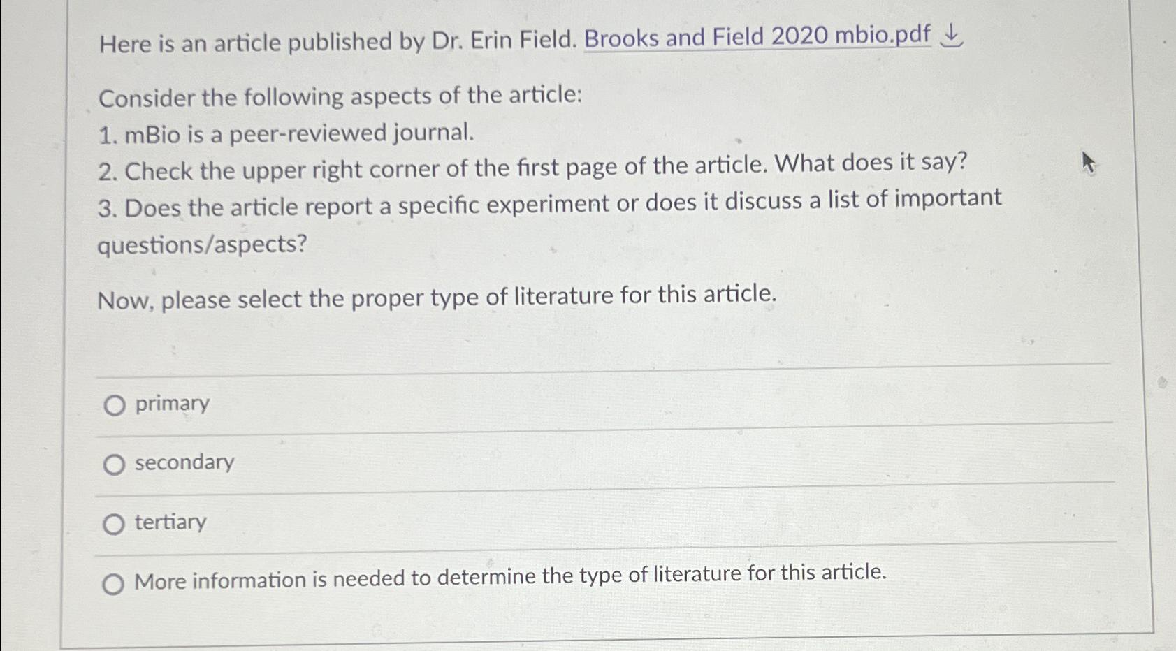 Solved Here is an article published by Dr. ﻿Erin Field. | Chegg.com