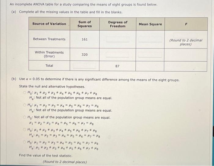Solved An incomplete ANOVA table for a study comparing the | Chegg.com