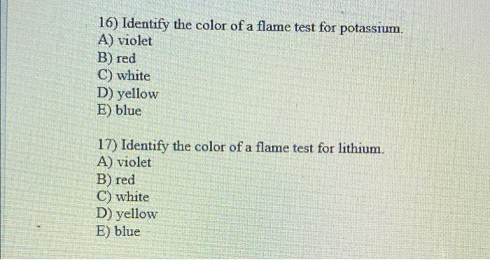 [Solved]: what is the color of a flame test for potassium? a