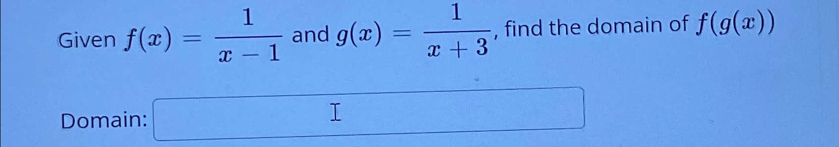 Solved Given f(x)=1x-1 ﻿and g(x)=1x+3, ﻿find the domain of | Chegg.com