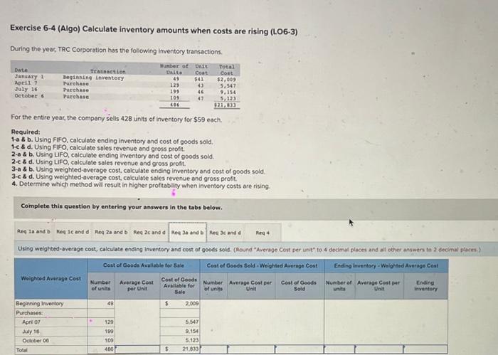 Solved Exercise 6-4 (Algo) Calculate inventory amounts when | Chegg.com