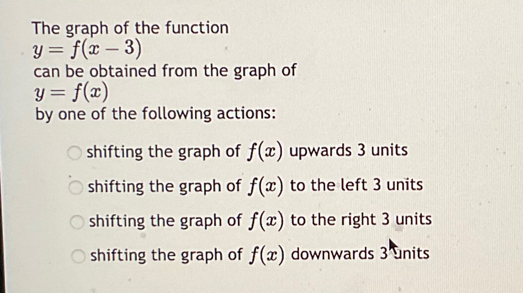 Solved The graph of the functiony=f(x-3)can be obtained from | Chegg.com