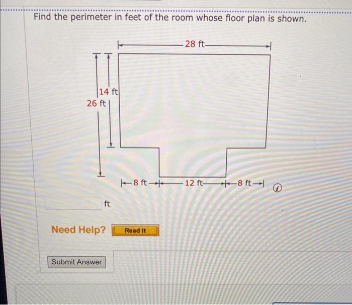 Solved Find the perimeter in feet of the room whose floor | Chegg.com