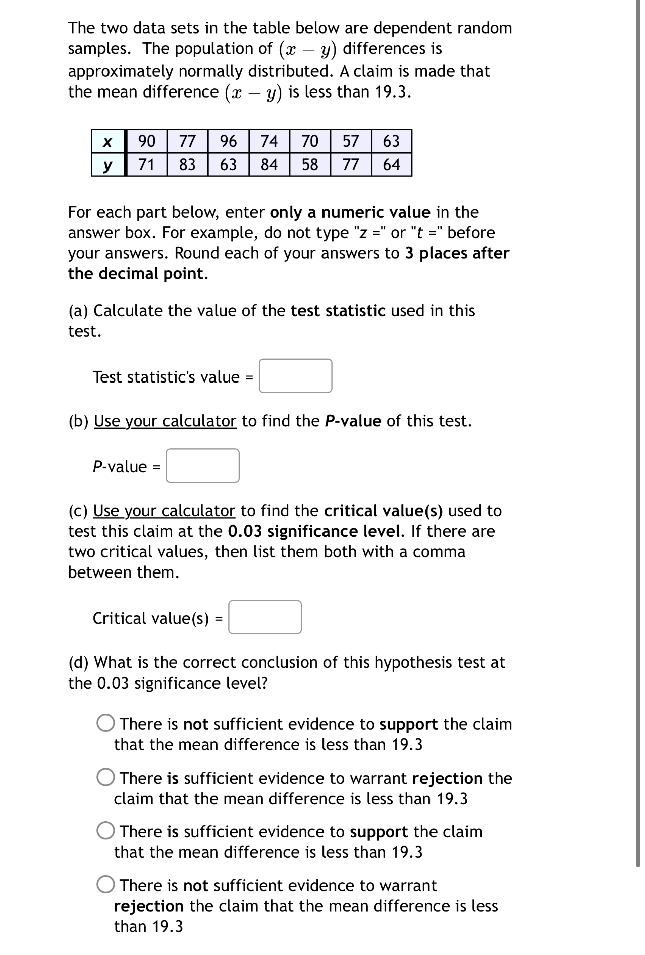 Solved The two data sets in the table below are dependent | Chegg.com