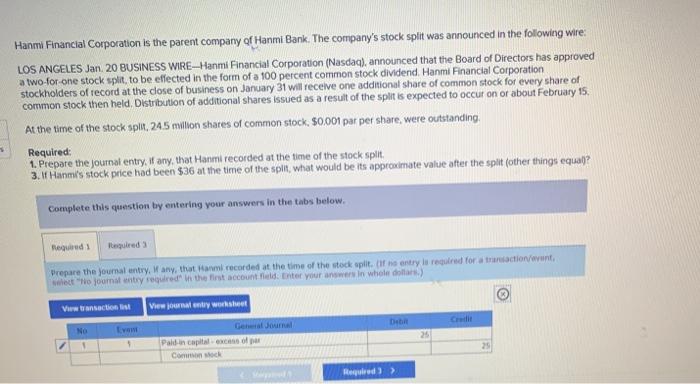 Solved Hanmi Financial Corporation is the parent company of | Chegg.com