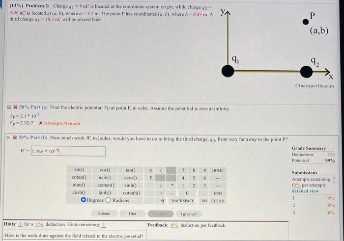 Solved (13%) Problem 2: Charge q1=9nC is located at the | Chegg.com
