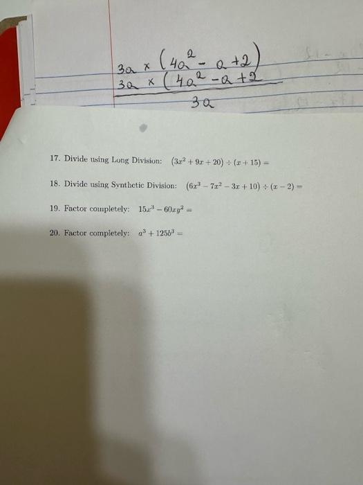 Solved 17. Divide using Long Division: (3x2+9x+20)÷(x+15)= | Chegg.com