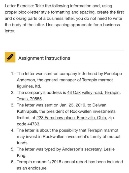 Solved Letter Exercise: Take the following information and, | Chegg.com