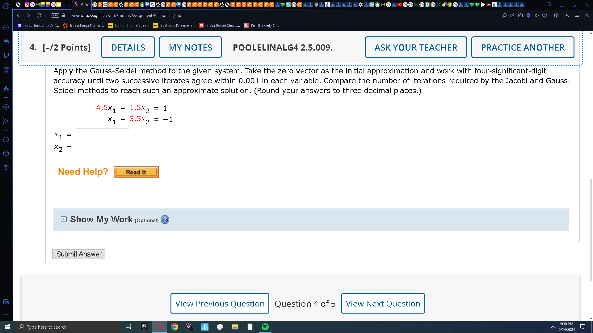 Solved Show My Work (Optional)Apply the Gauss-Seidel method | Chegg.com