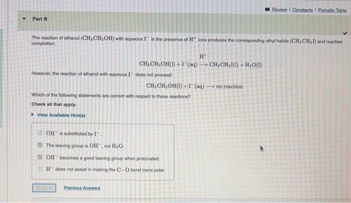 Solved The reaction of ethanol ( CH3CH2OH) with aqueous I−in | Chegg.com