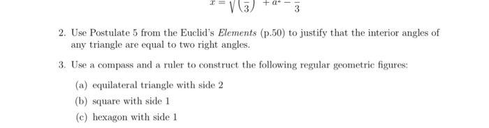Solved V(3) 3 2. Use Postulate 5 from the Euclid's Elements | Chegg.com