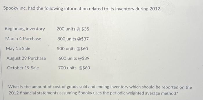 Solved Spooky Inc. had the following information related to | Chegg.com