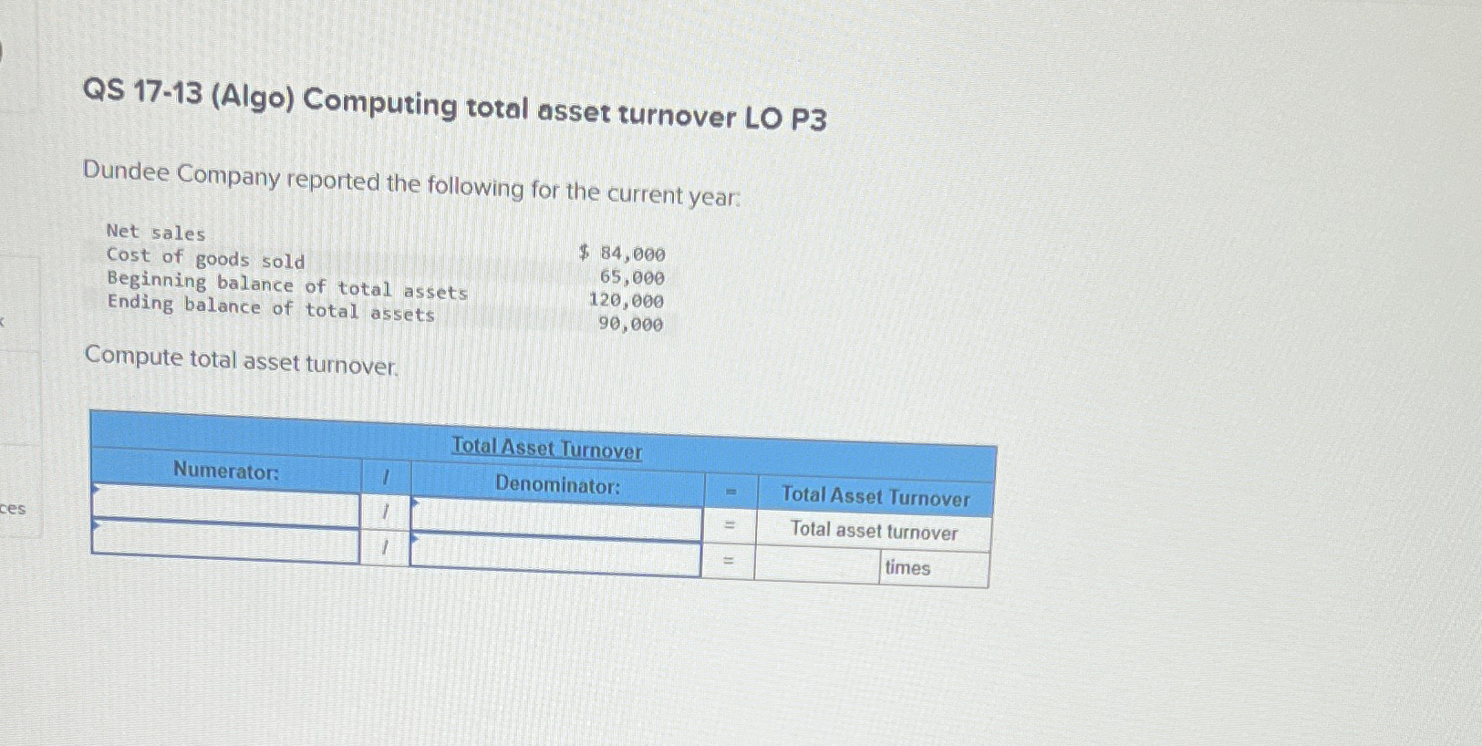 Solved QS 17-13 (Algo) ﻿Computing total asset turnover LO | Chegg.com