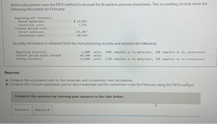 Solved Annin Laboratories uses the FIFO method to account | Chegg.com