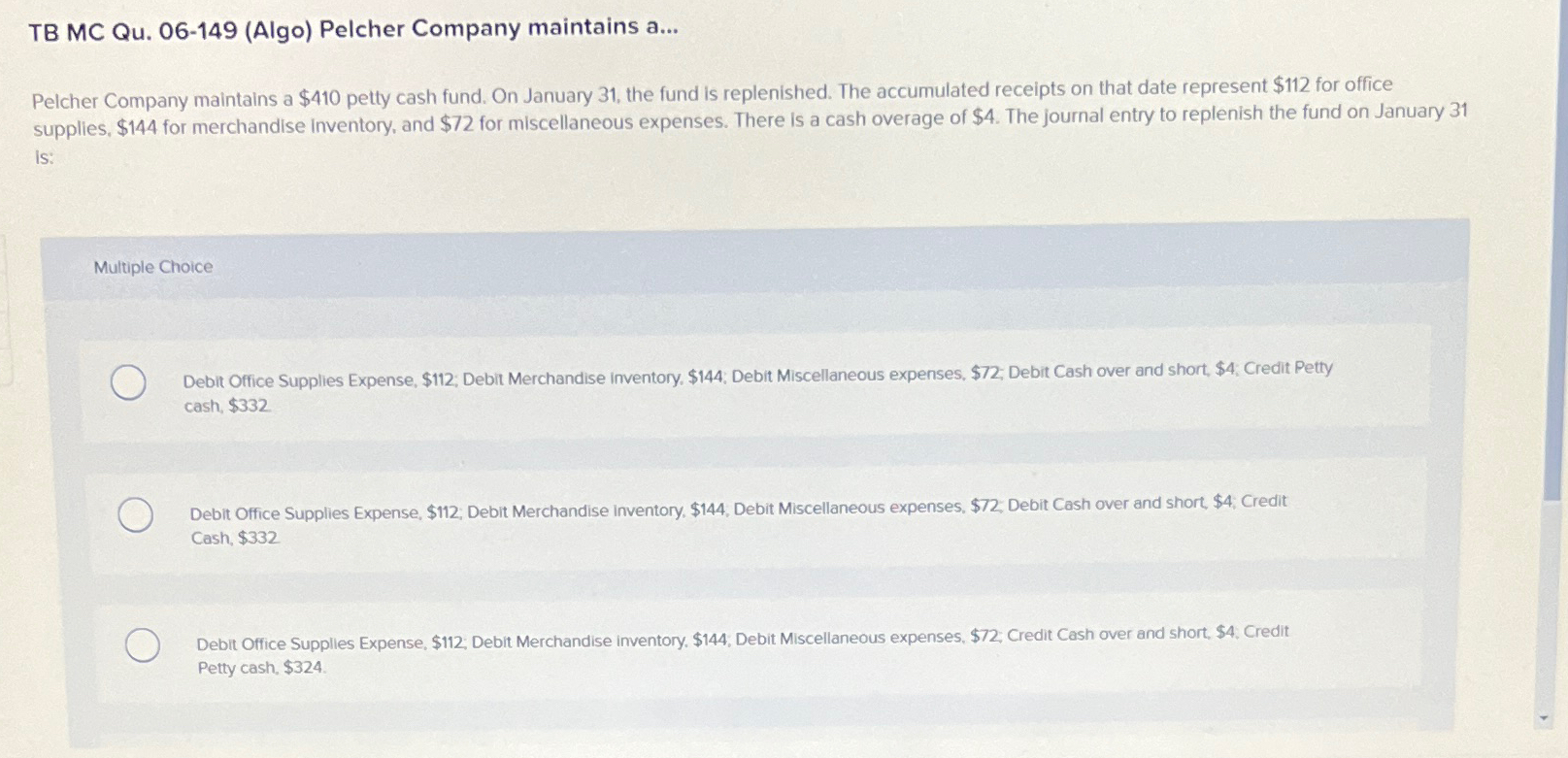 Solved TB MC Qu. 06-149 (Algo) ﻿Pelcher Company maintains | Chegg.com