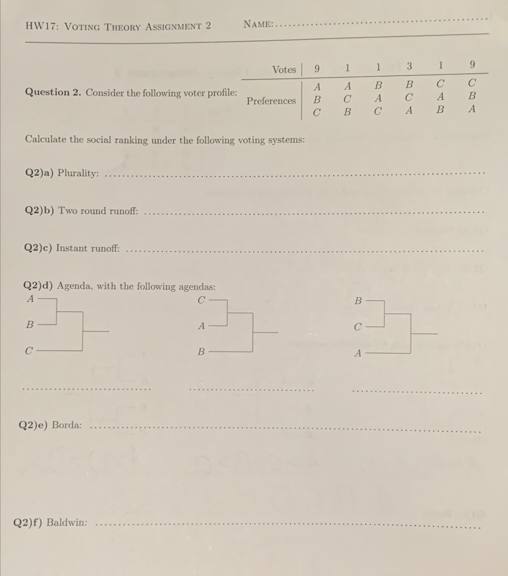 HW17: Voting Theory Assignment 2NAME:Question 2. | Chegg.com