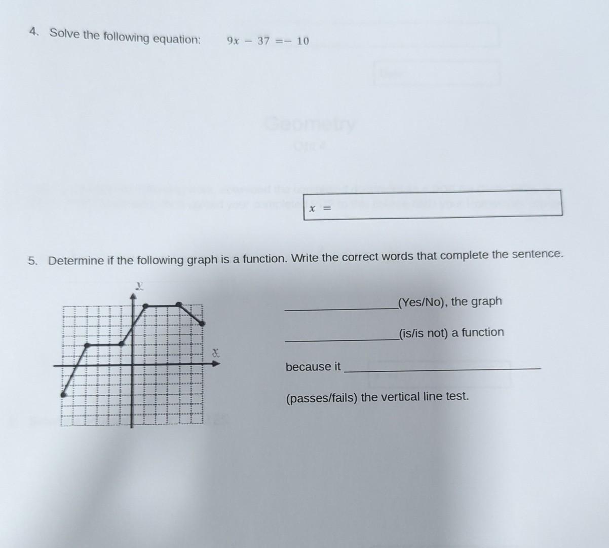Solved 4. Solve the following equation: 9x−37=−10 5. | Chegg.com